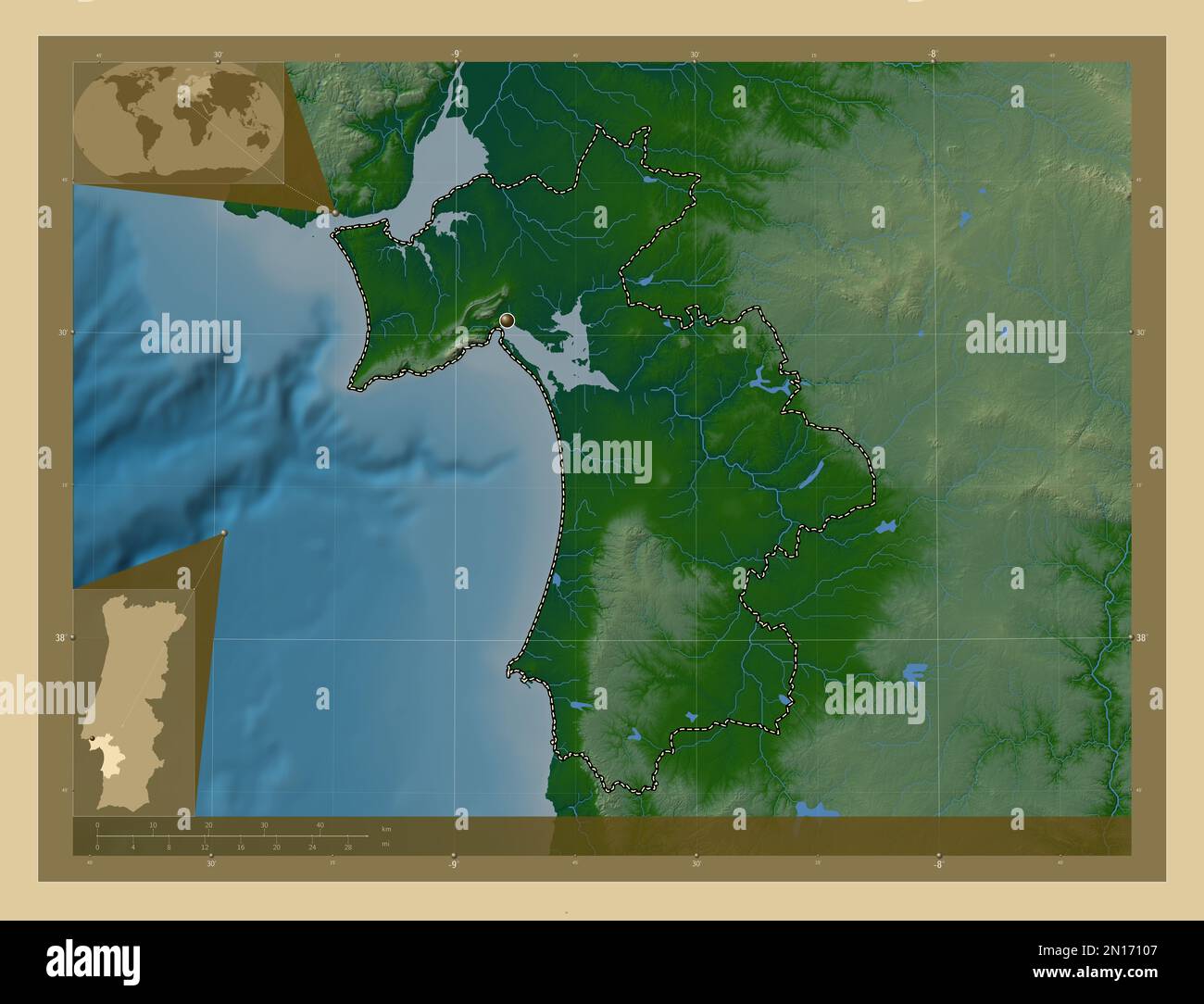 Setubal, district of Portugal. Colored elevation map with lakes and ...