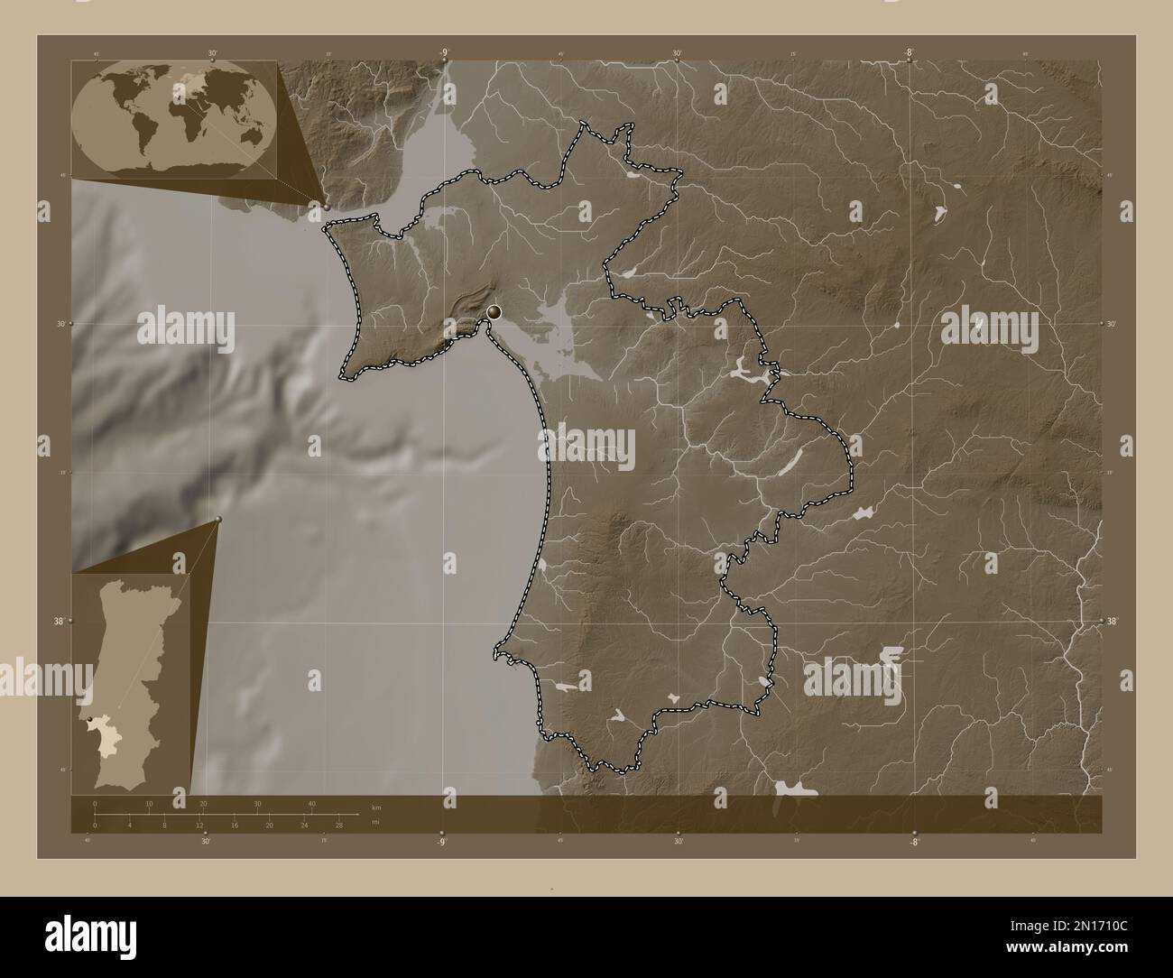 Setubal, district of Portugal. Elevation map colored in sepia tones ...