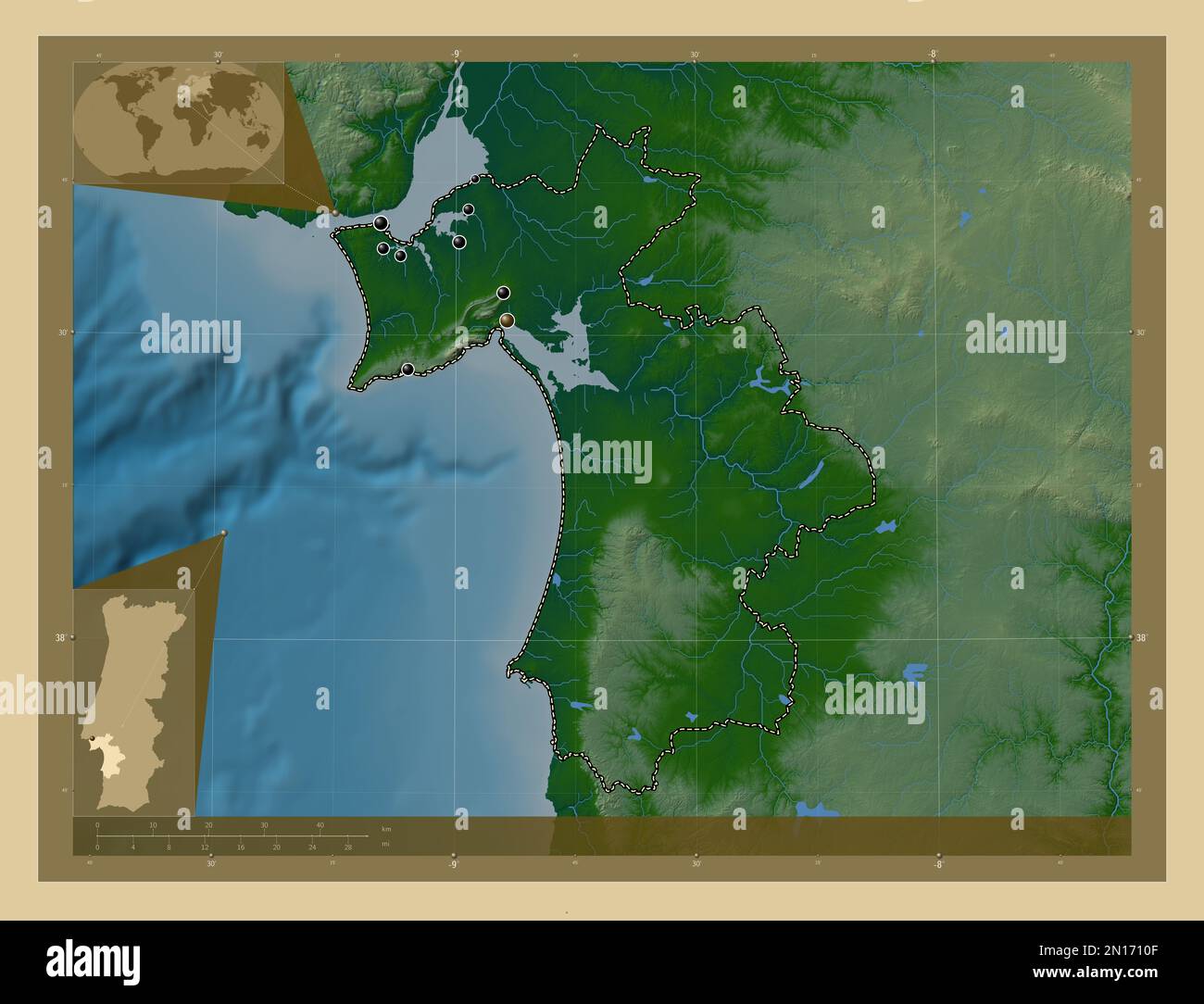 Setubal, district of Portugal. Colored elevation map with lakes and ...