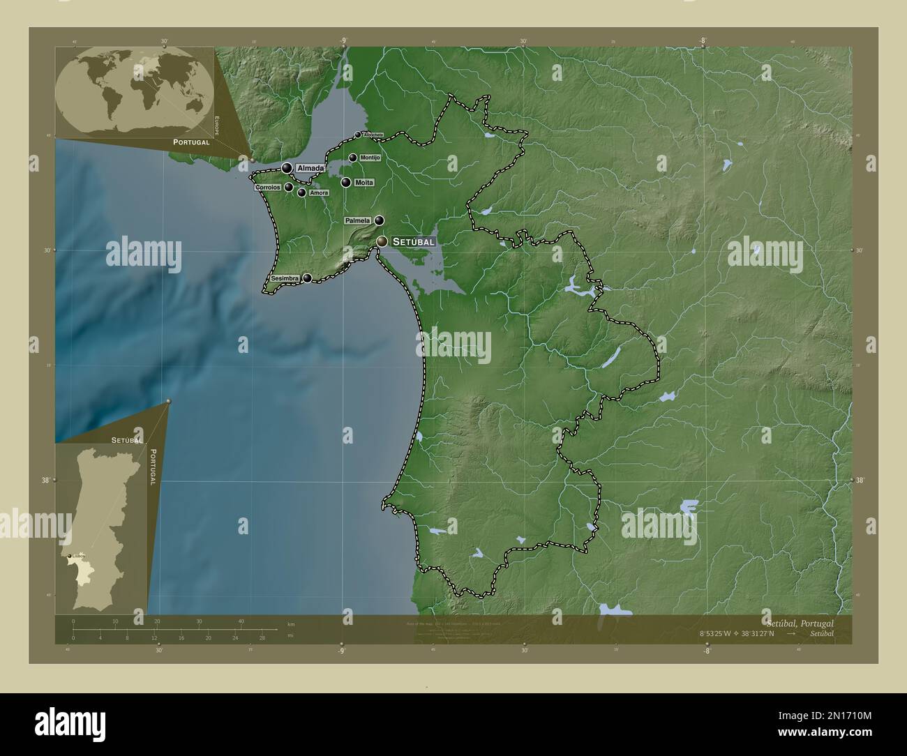 Setubal, district of Portugal. Elevation map colored in wiki style with ...