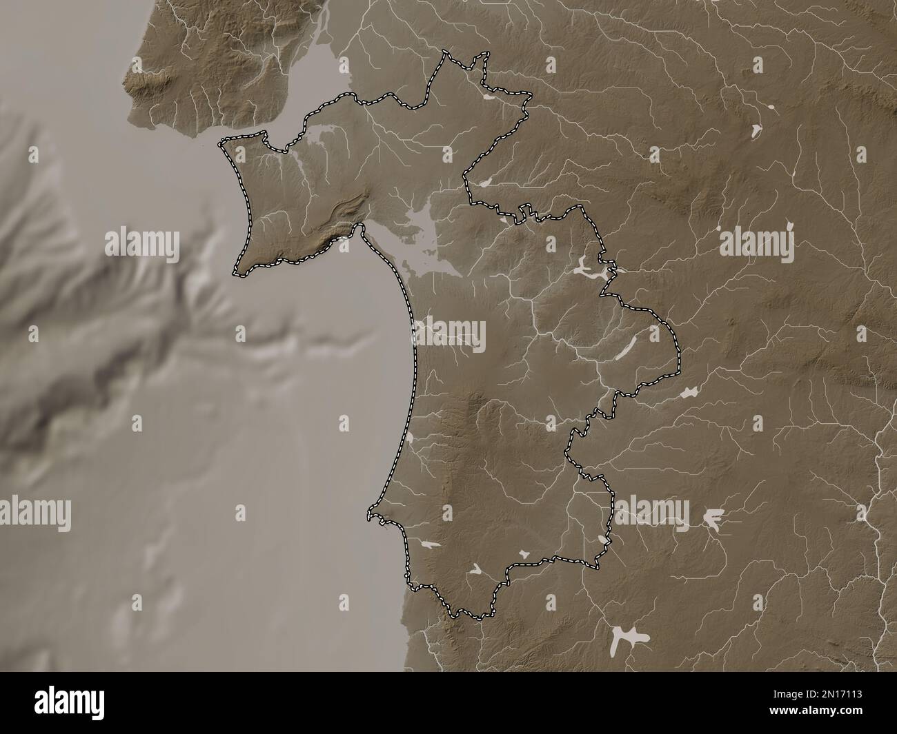 Setubal, district of Portugal. Elevation map colored in sepia tones ...