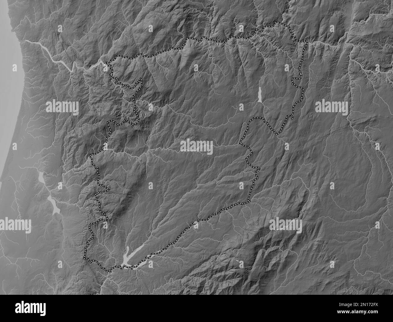 Viseu, district of Portugal. Grayscale elevation map with lakes and ...