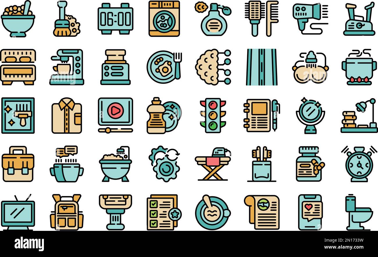 Daily routine icons set outline vector. Life daily. School sleep color line on white isolated ...