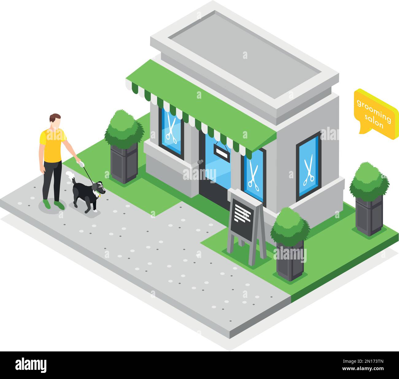 Grooming salon isometric composition with outdoor view of house with ...