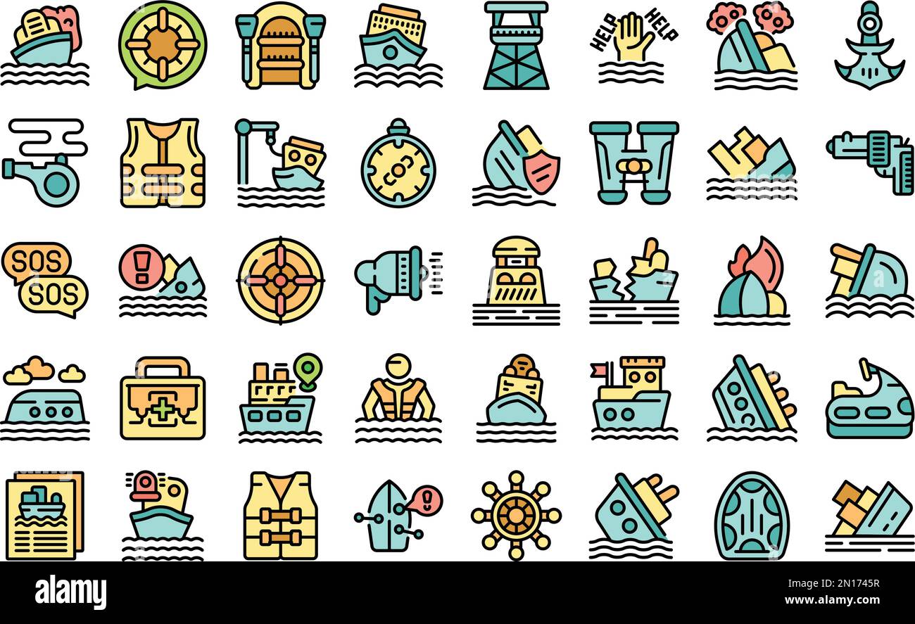 Shipwreck icons set outline vector. Island desert. Sea boat color line ...
