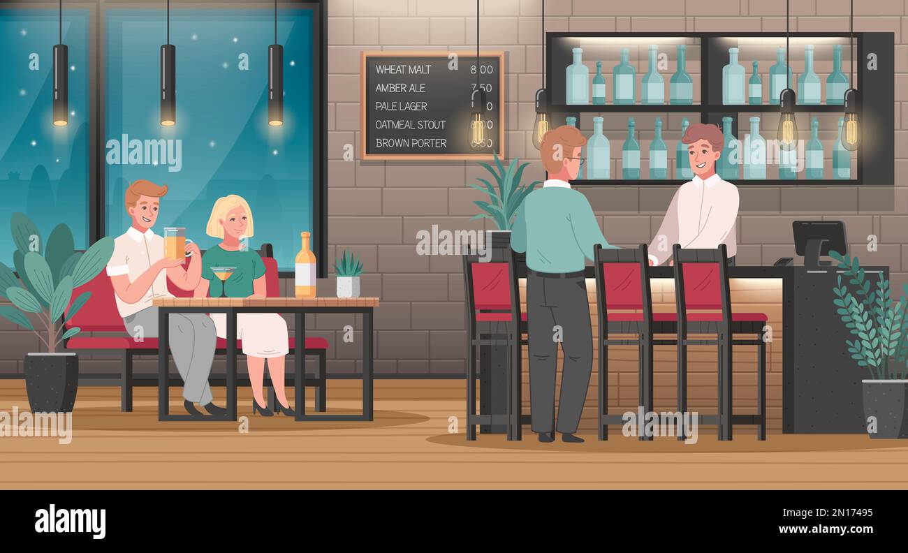 Restaurant interior cartoon scene with bartender and happy visitors ...