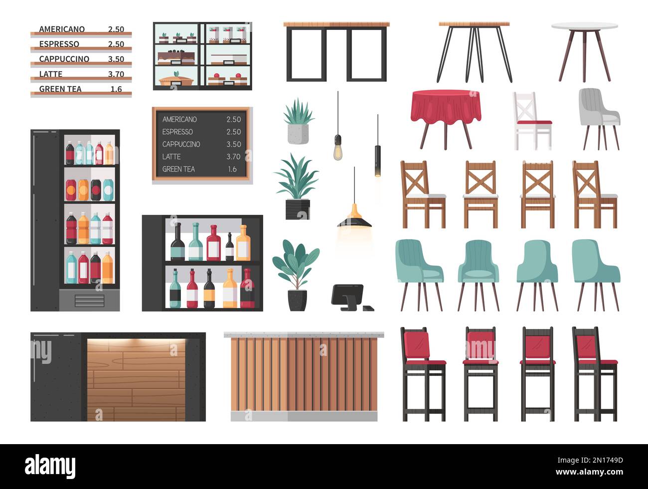 Restaurant interior constructor cartoon icons set with bar and cafe ...
