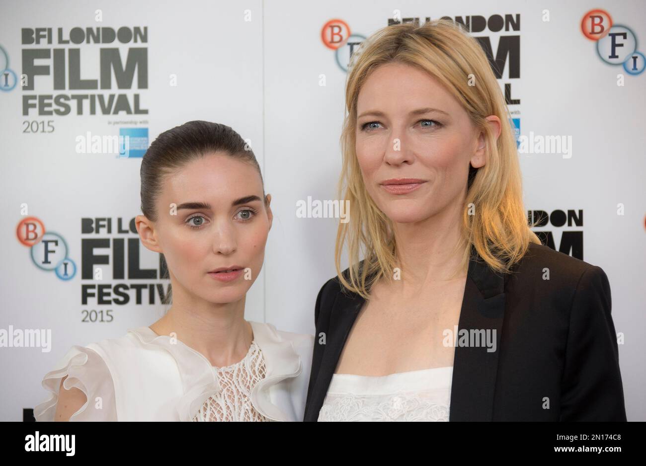 Actors Rooney Mara, left and Cate Blanchett pose for photographers upon arrival at the premiere ...