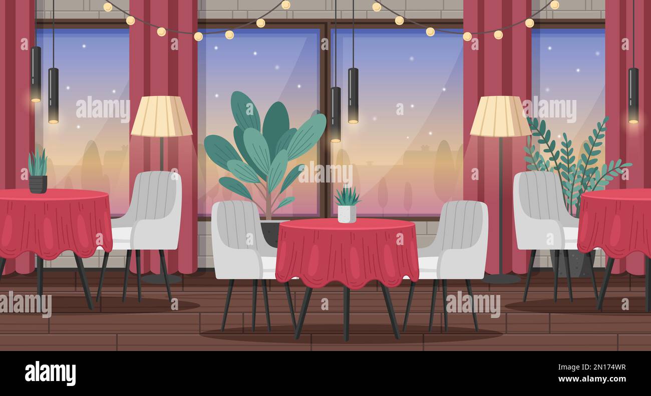 Restaurant interior cartoon scene with fancy furniture and decoration ...