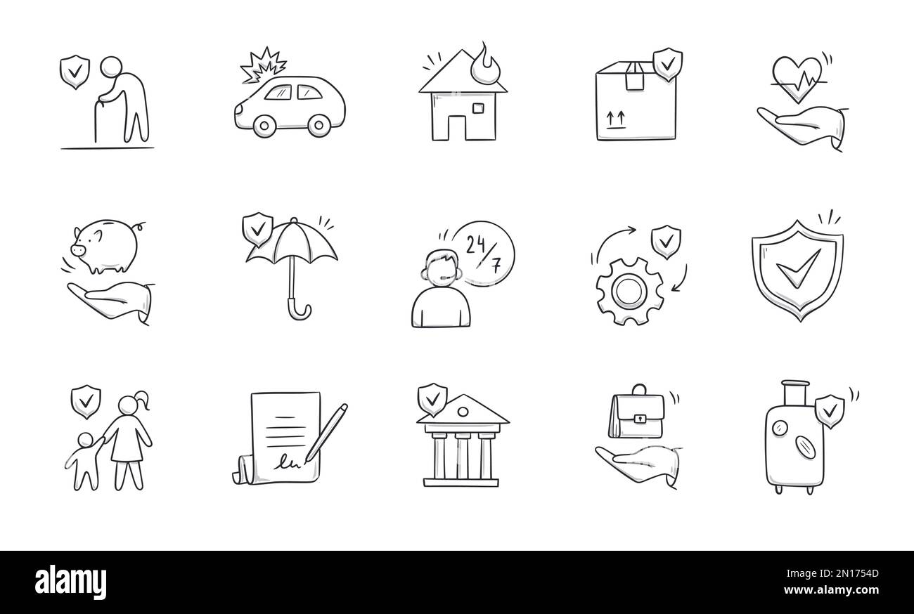 Insurance doodle icon set. Hand drawn sketch life shield, insurance ...