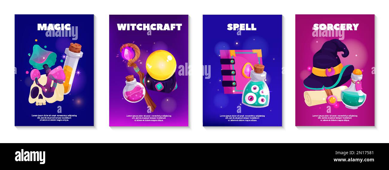 Magic poster set with four vertical compositions of cartoon style ...
