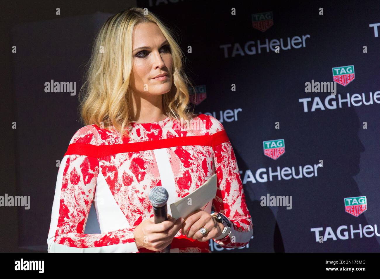 Model Molly Sims is seen on stage at a TAG Heuer watch launch and brand ...