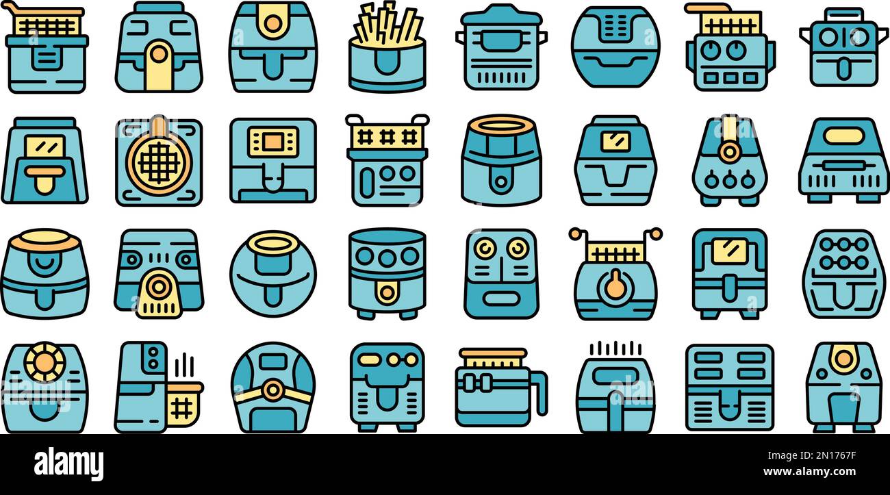 Air fryer icons set outline vector. Fry bakery. Cook food color line on ...