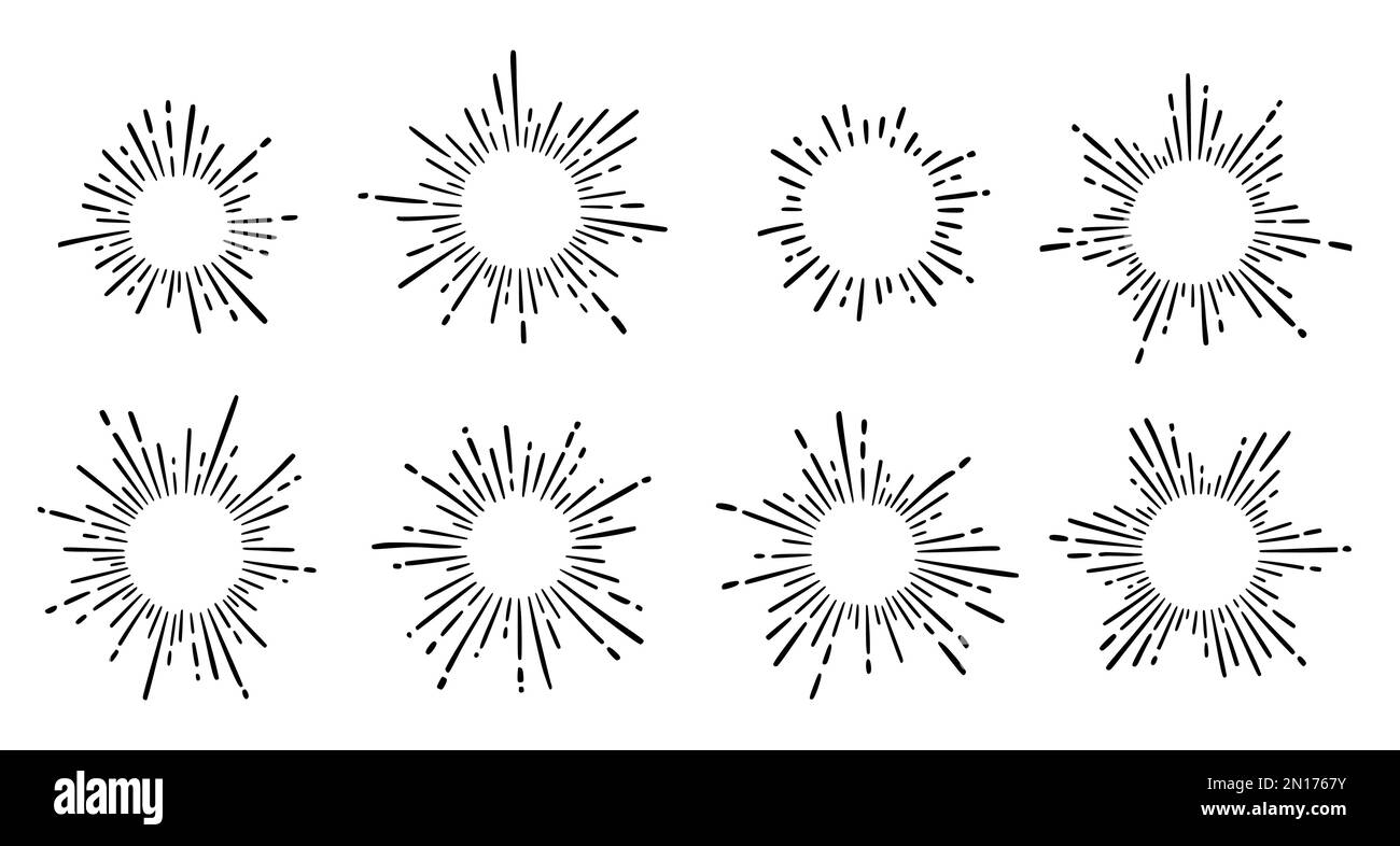 Sunburst ray vintage frame element set. Star burst ray hand drawn shine ...