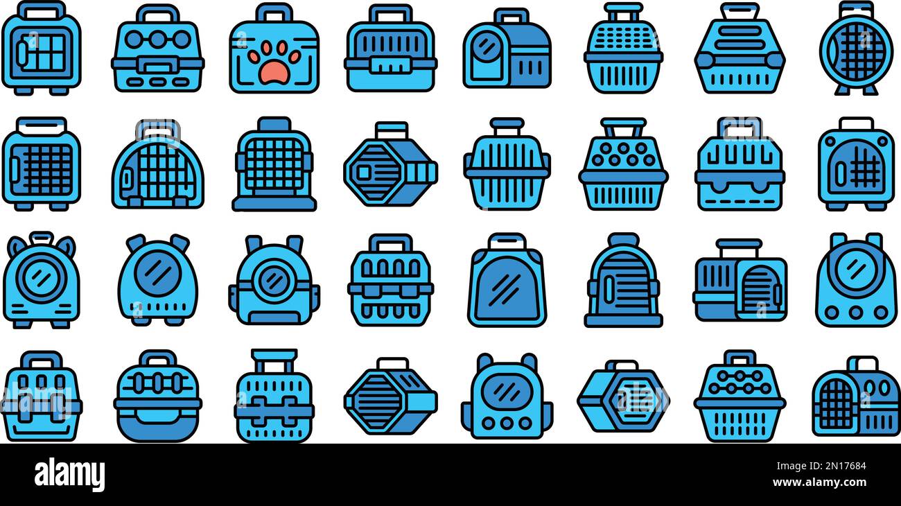 Cat carrier icons set outline vector. Cage canine. Carrier crate color ...
