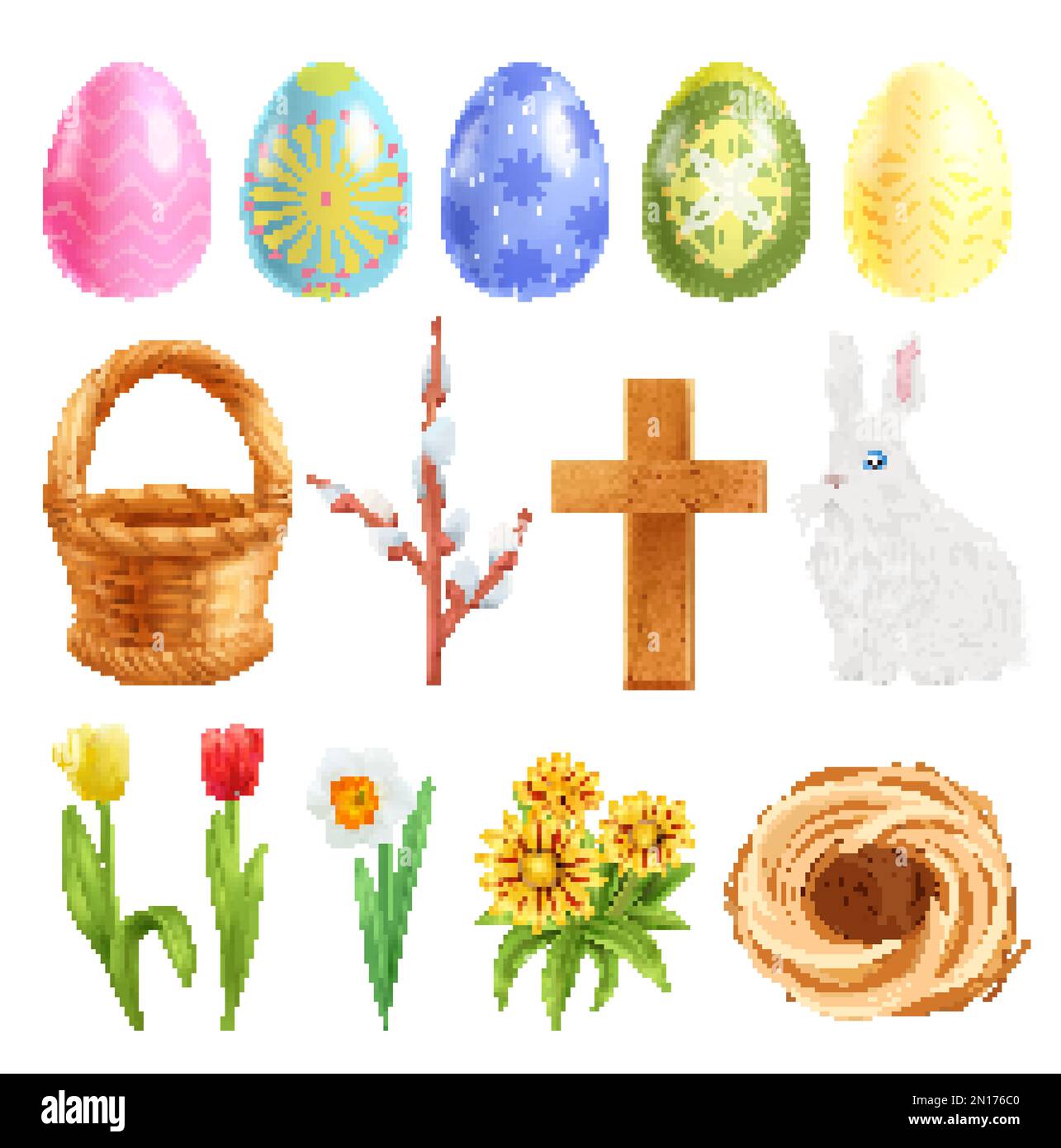 Realistic easter set with isolated images of colorful ornate eggs ...