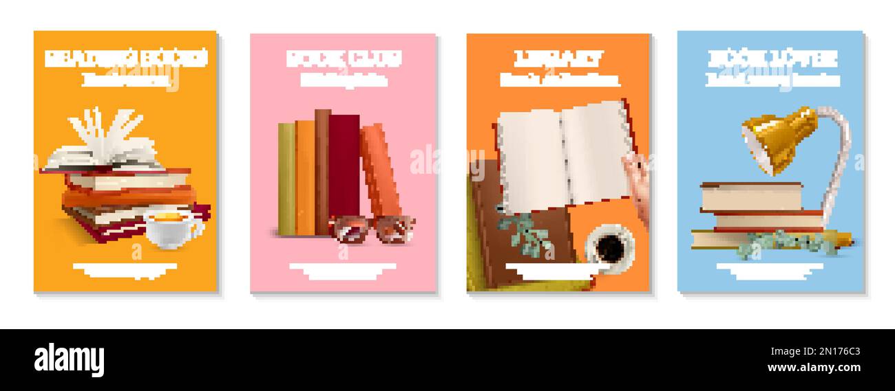 Realistic book lover poster set with four vertical backgrounds with ...