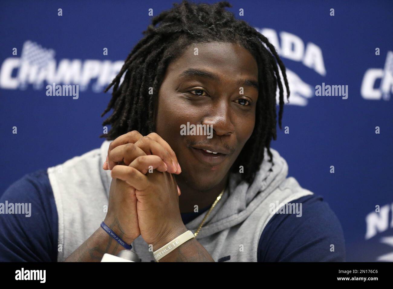 Nevada's Lenny Jones answers media questions following an NCAA college ...