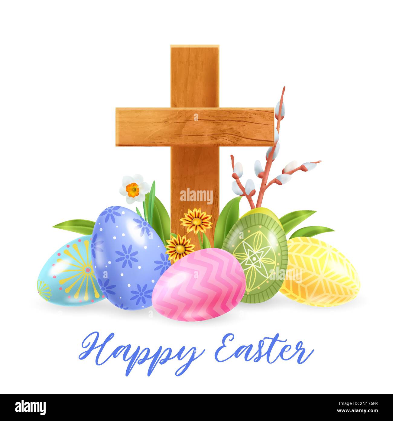 Realistic easter christian cross composition with ornate text and colored eggs with flowers near ...