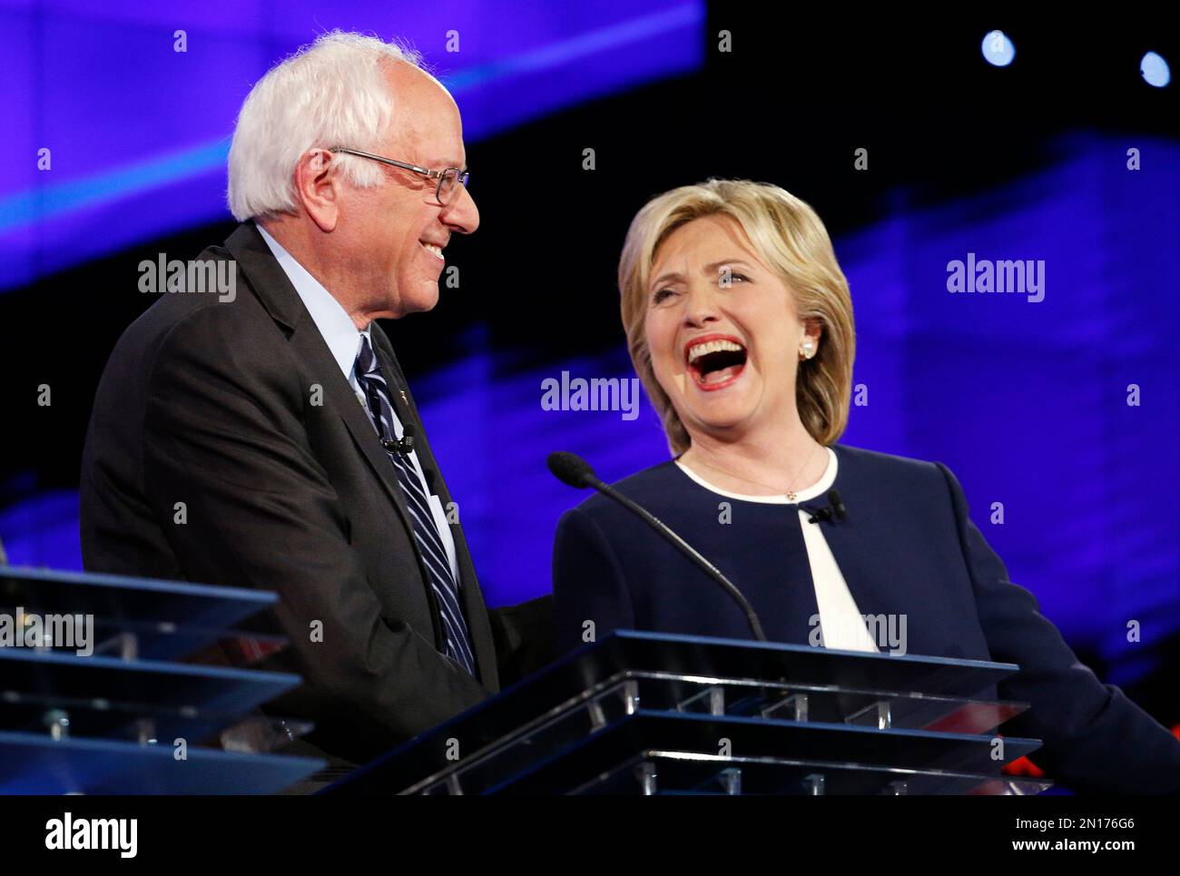 Sen. Bernie Sanders, of Vermont, left, and Hillary Rodham Clinton laugh ...