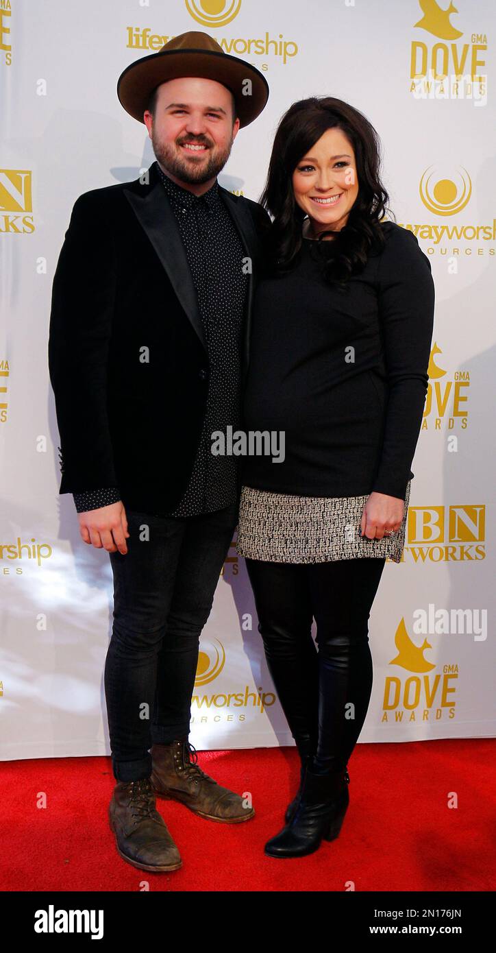 Kari Jobe, right, and husband Cody Carnes attend the 46th Annual GMA Dove Awards at Lipscomb ...