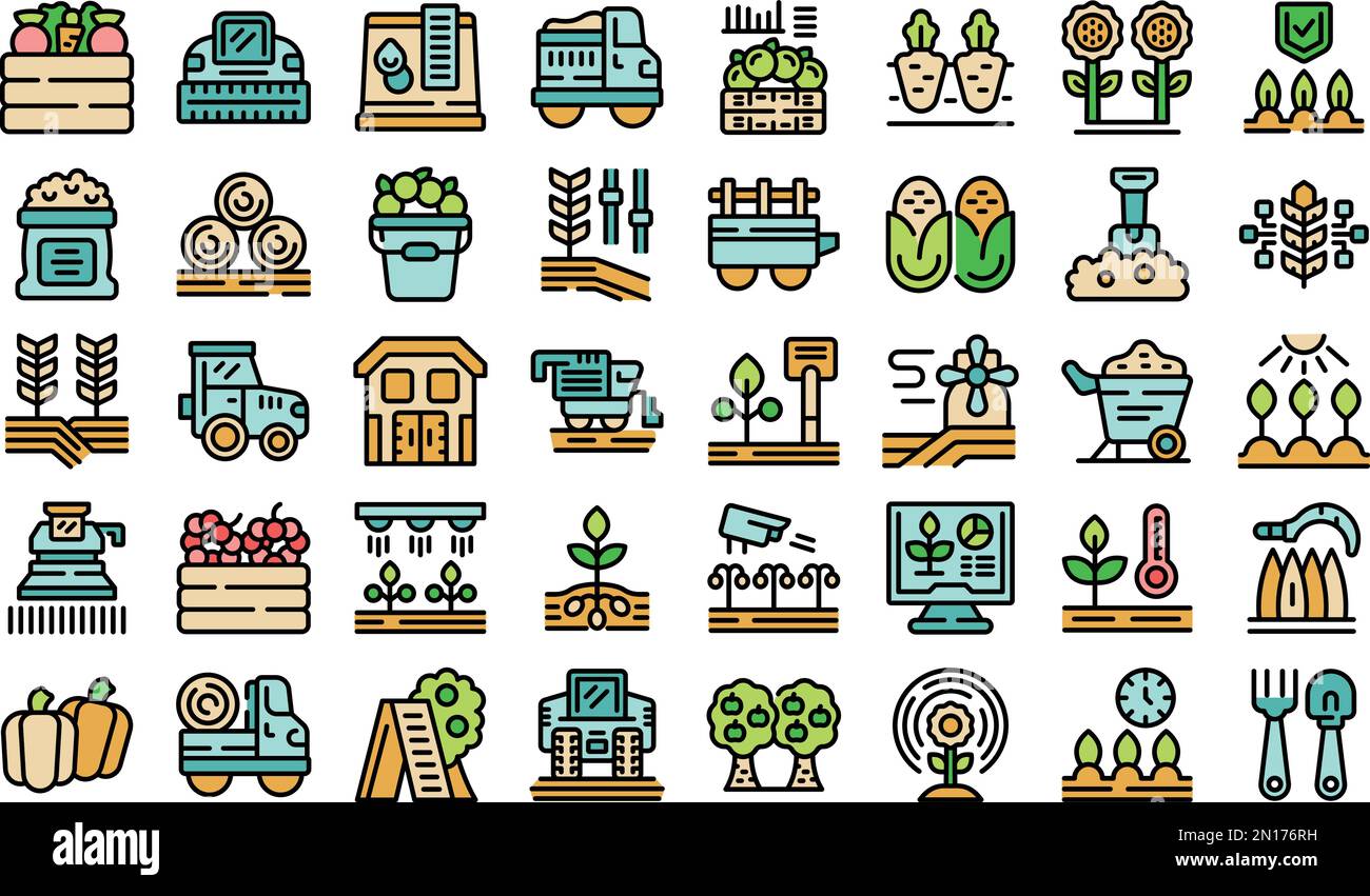 Harvesting icons set outline vector. Combine harvest. Farm field color ...