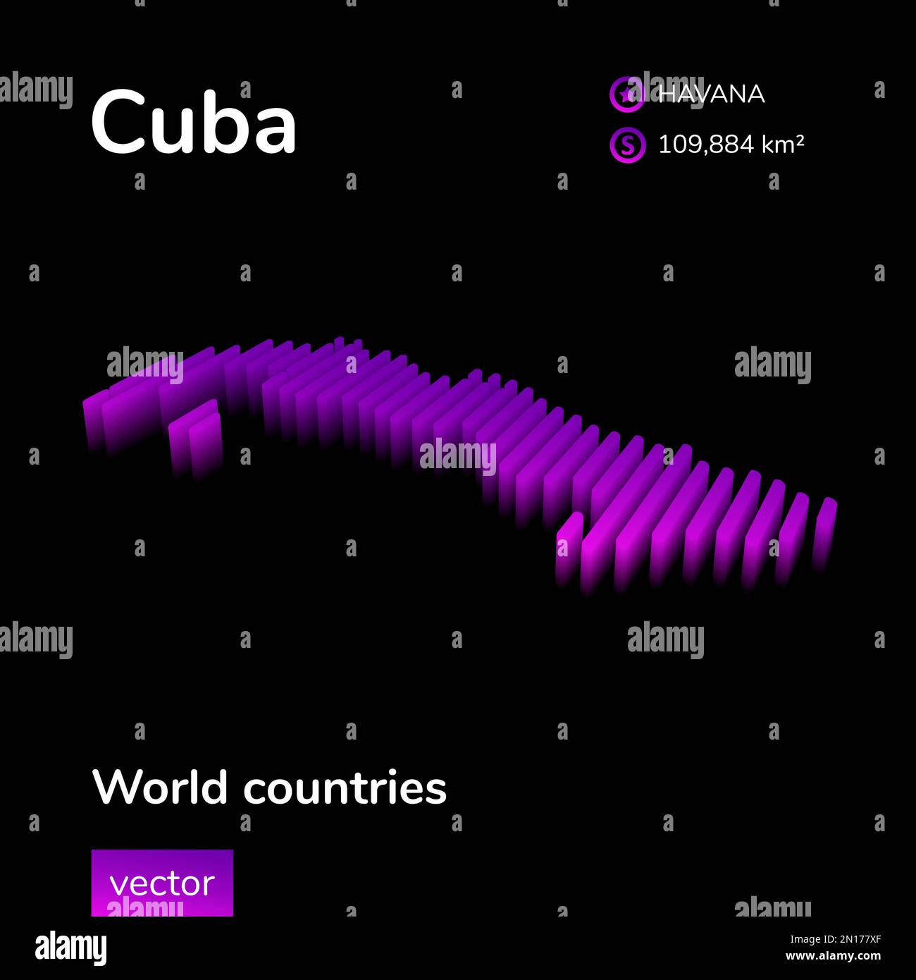 Cuba 3D map. Stylized striped vector isometric map of Cuba is in neon ...
