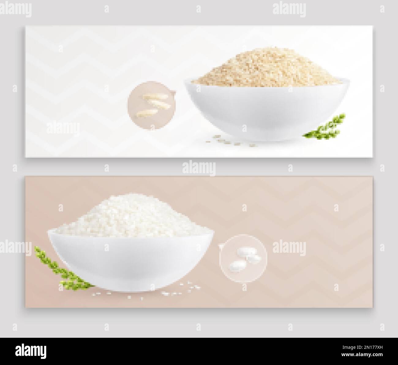 Rice realistic banners with bowls filling with parboiled and raw grains ...