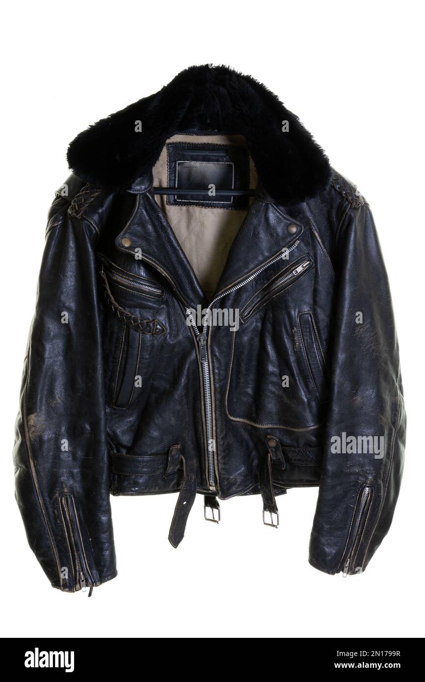 Classic black used leather bikers jacket with fur collar shot from the ...
