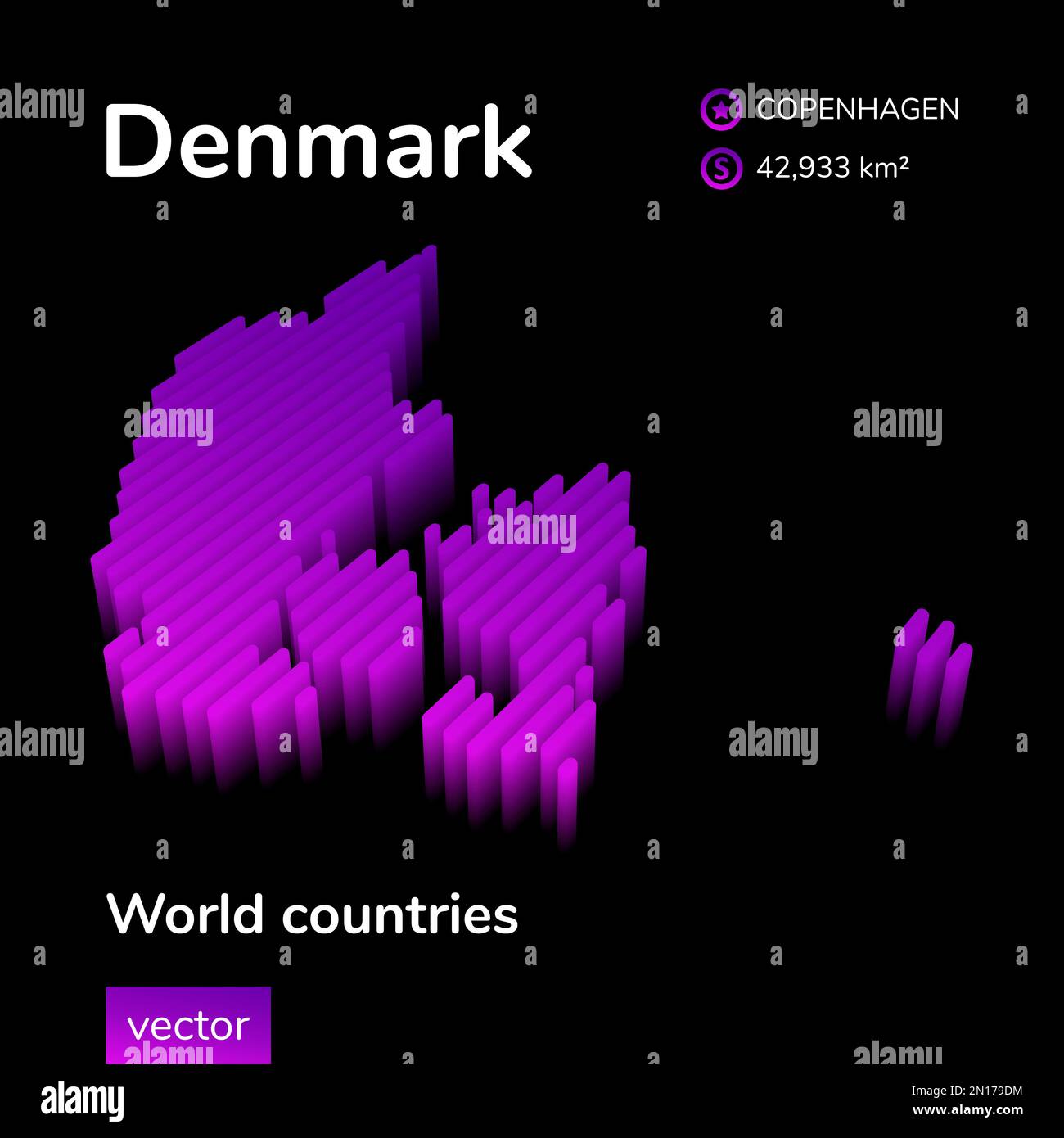 Denmark 3D map. Stylized neon digital isometric striped vector Map of Denmark in violet and pink ...