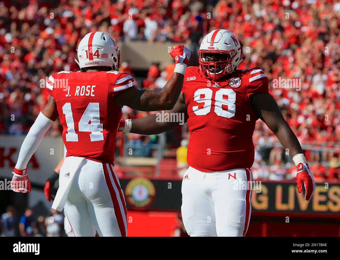 Nebraska defensive tackle Vincent Valentine (98) celebrates a tackle ...