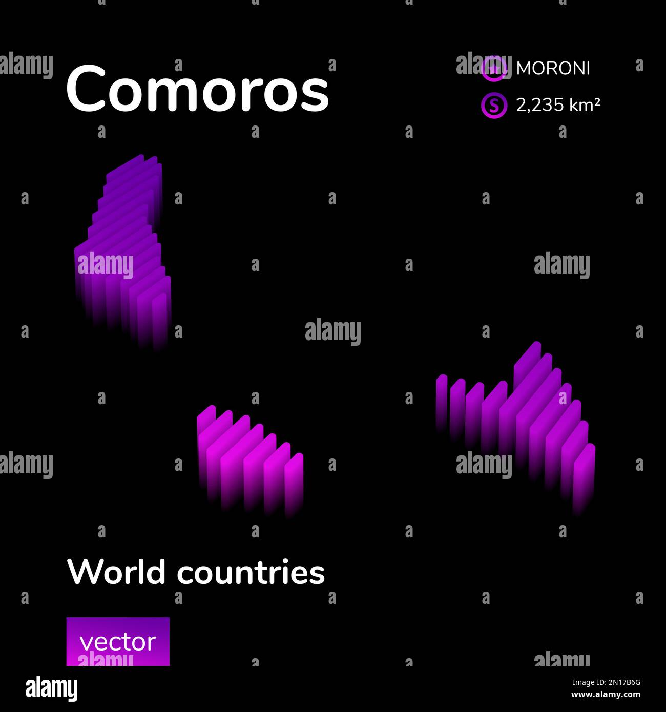Stylized striped vector isometric 3d map of Comoros in neon violet and ...
