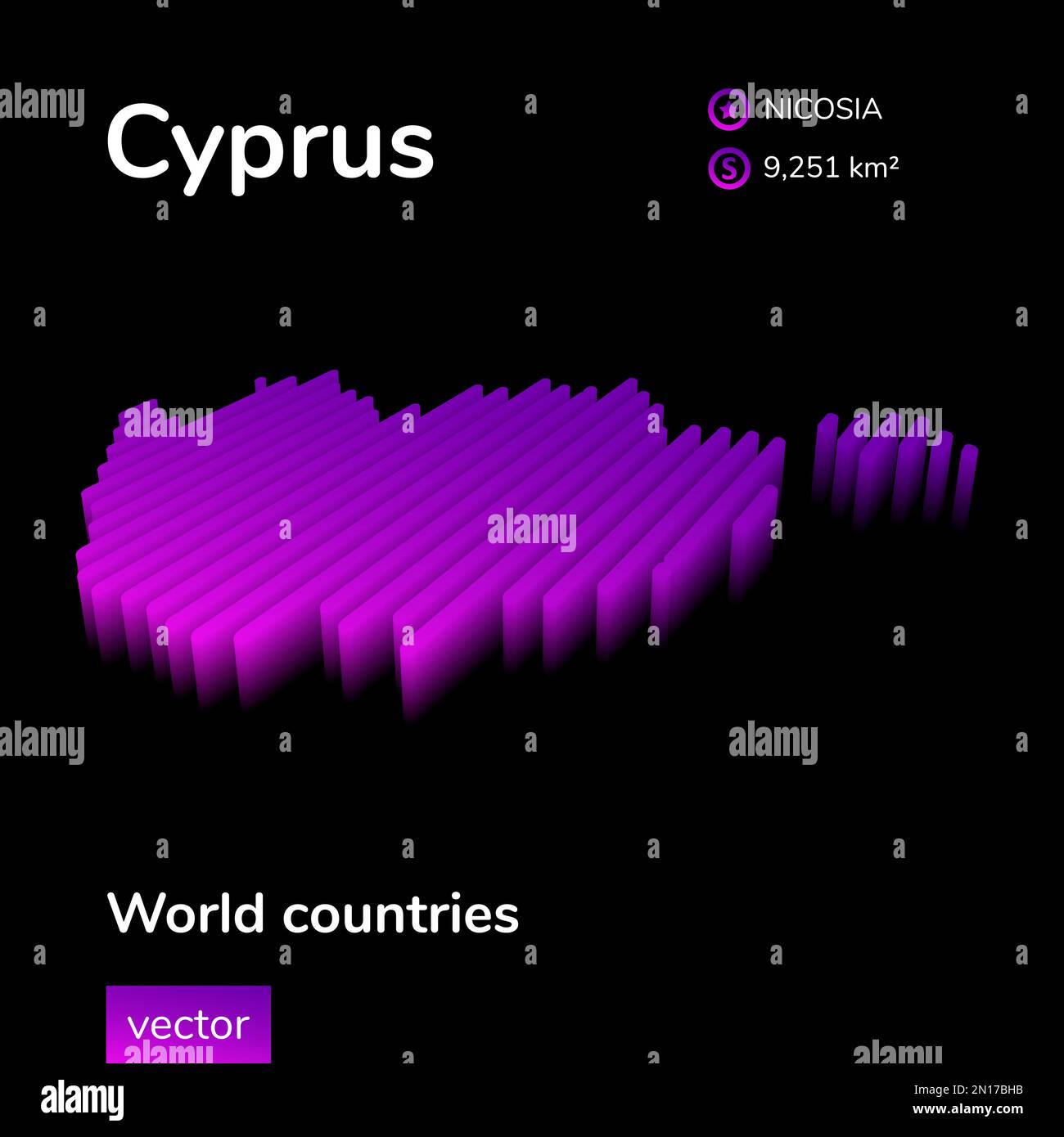 Cyprus 3D map. Stylized neon simple digital isometric striped vector ...
