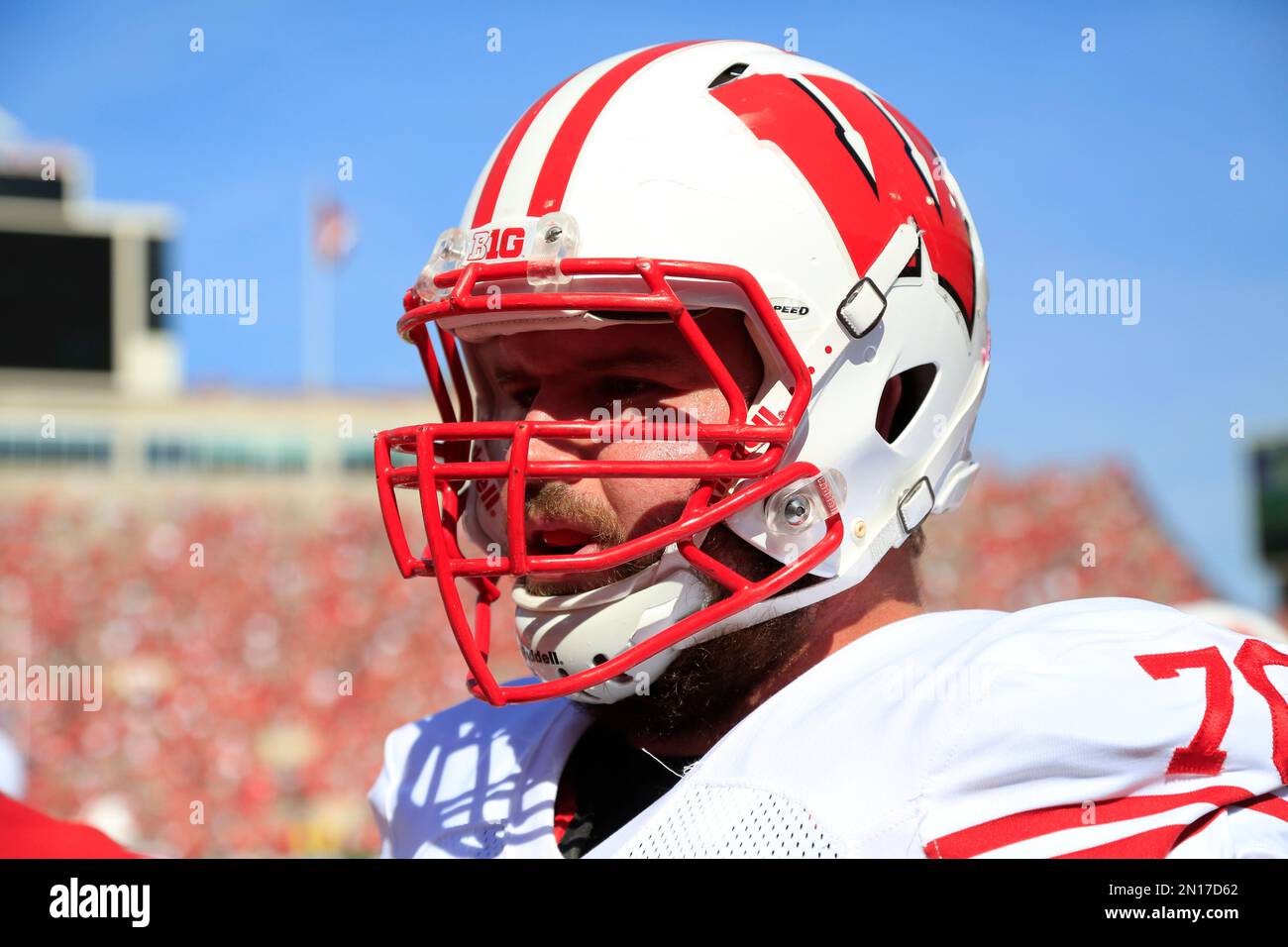 Wisconsin offensive lineman Dan Voltz (70) looks on before an NCAA ...