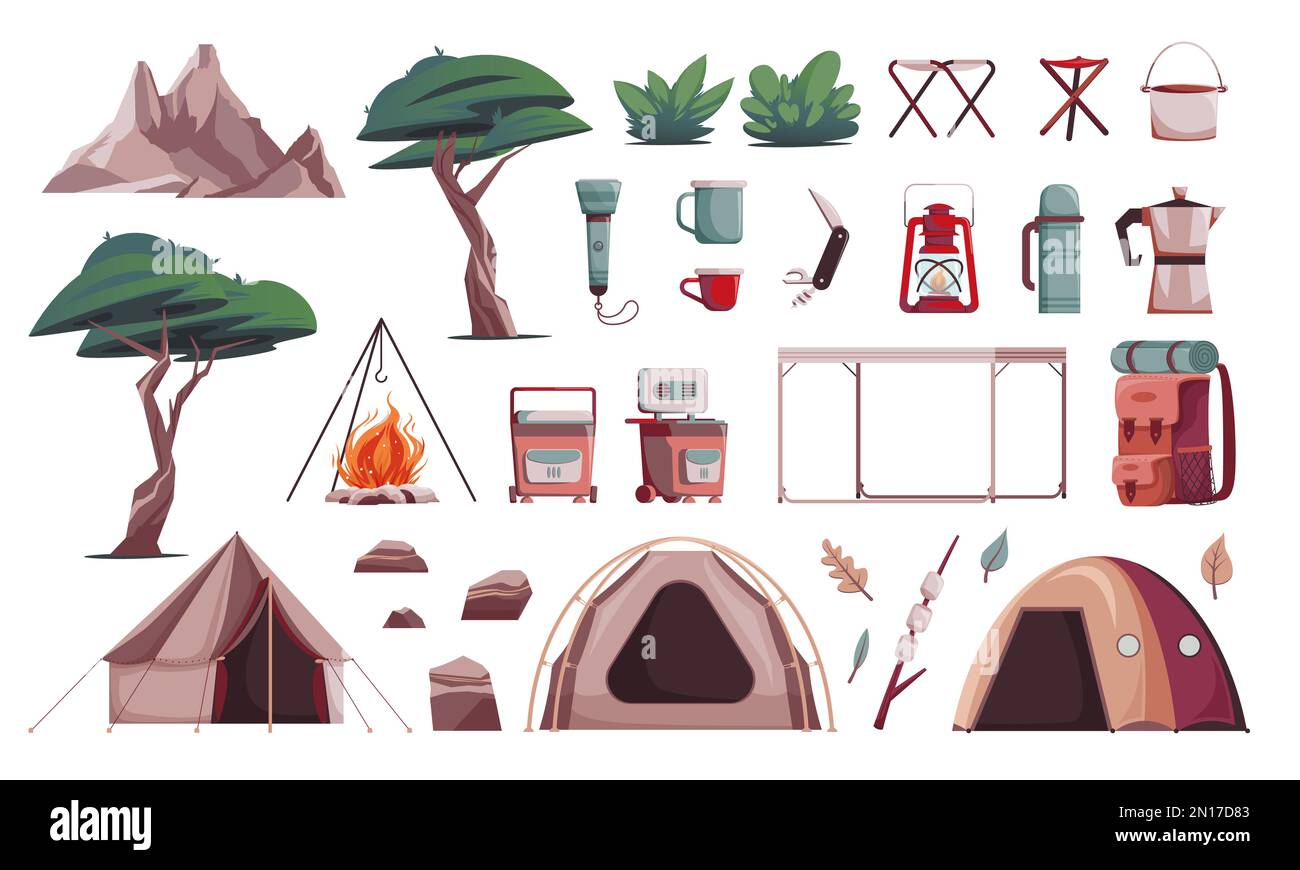 Camping hiking icon set mountains trees flashlight tents campfire and ...