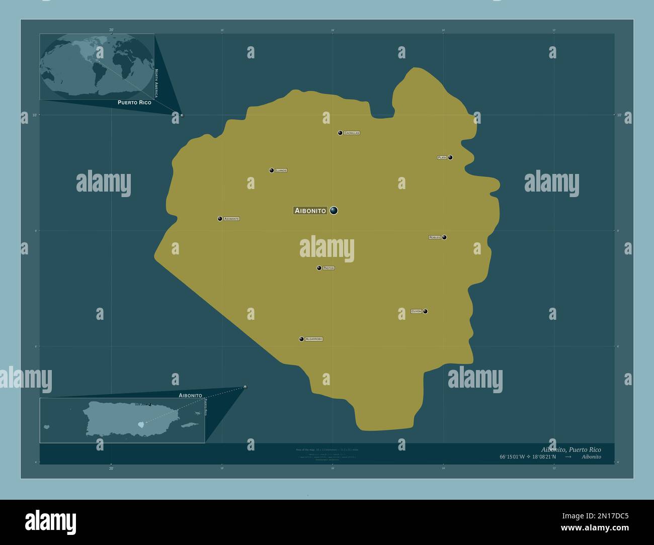 Aibonito, municipality of Puerto Rico. Solid color shape. Locations and ...