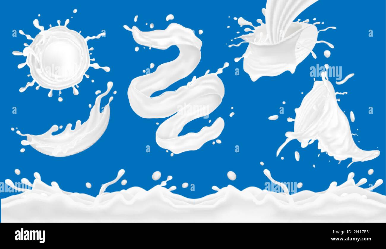 Pouring milk splashes of different shapes with drops realistic set ...