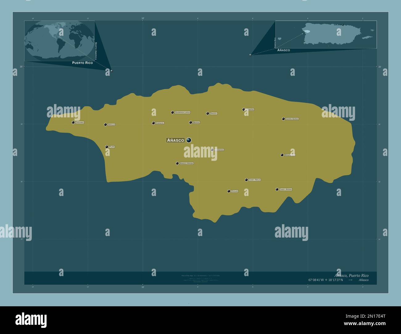 Anasco, municipality of Puerto Rico. Solid color shape. Locations and ...