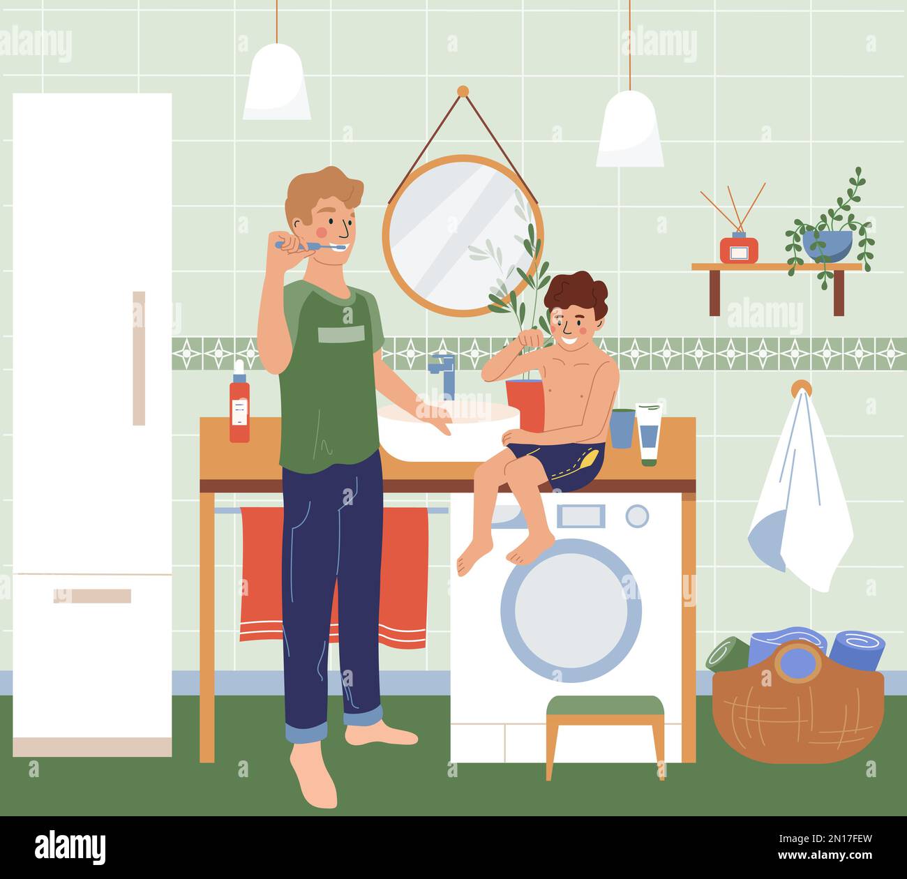 Family morning routine flat concept with father and son brushing teeth ...