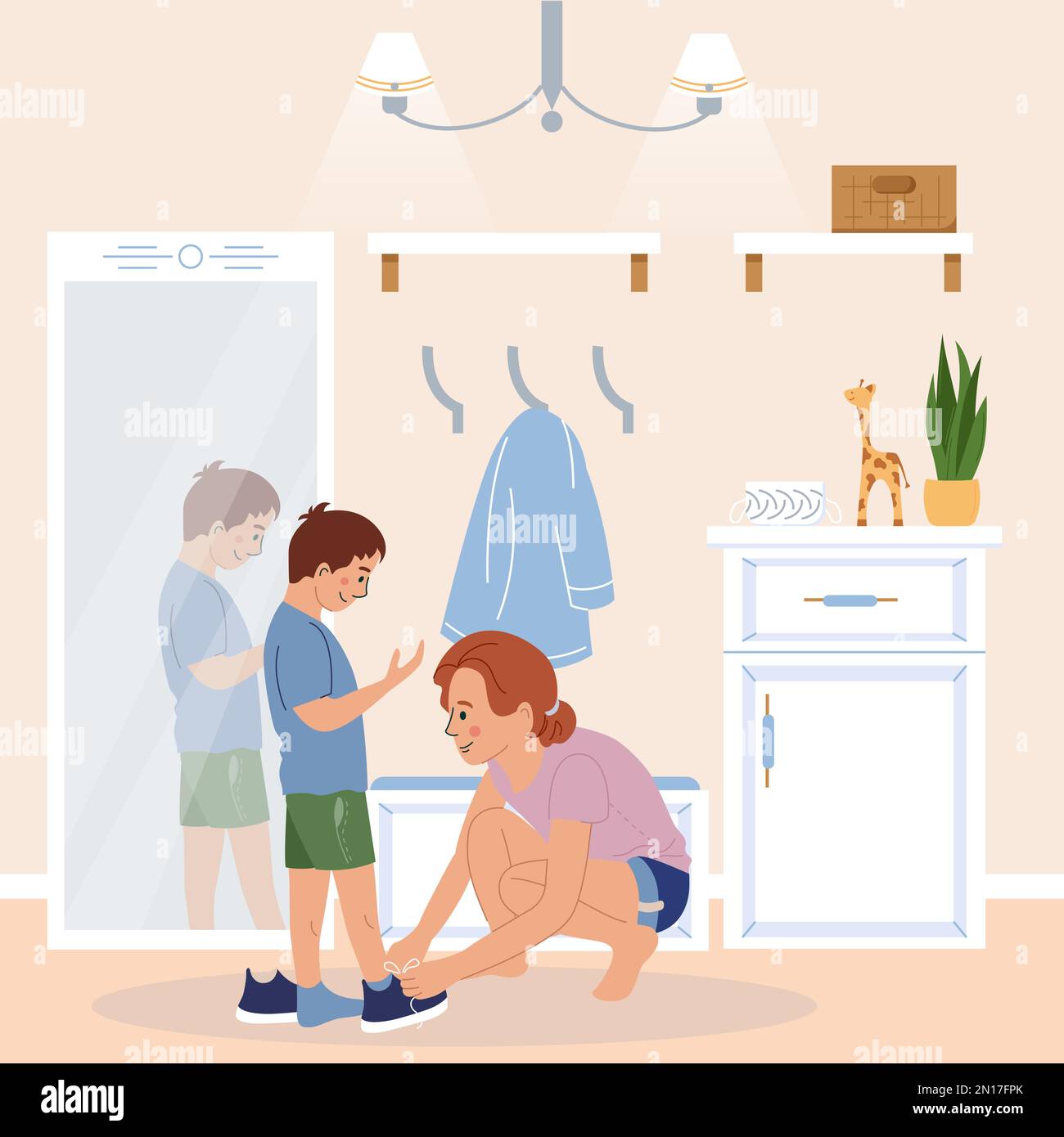 Family morning routine flat concept with mom helping boy to tie ...