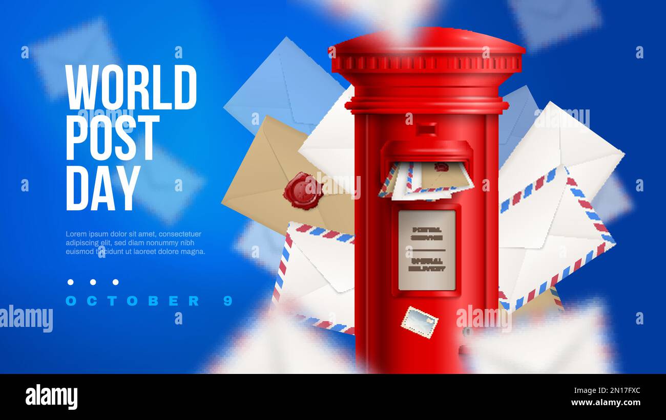 Realistic post horizontal poster with big red box and world post day ...