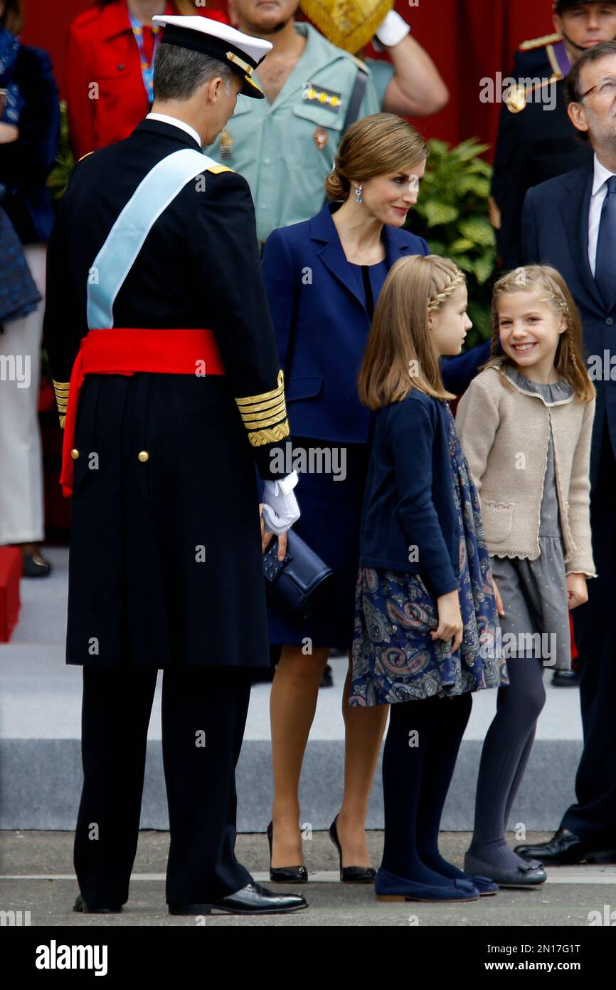 From left, Spain's King Felipe, Queen Letizia, Crown Princess Leonor ...