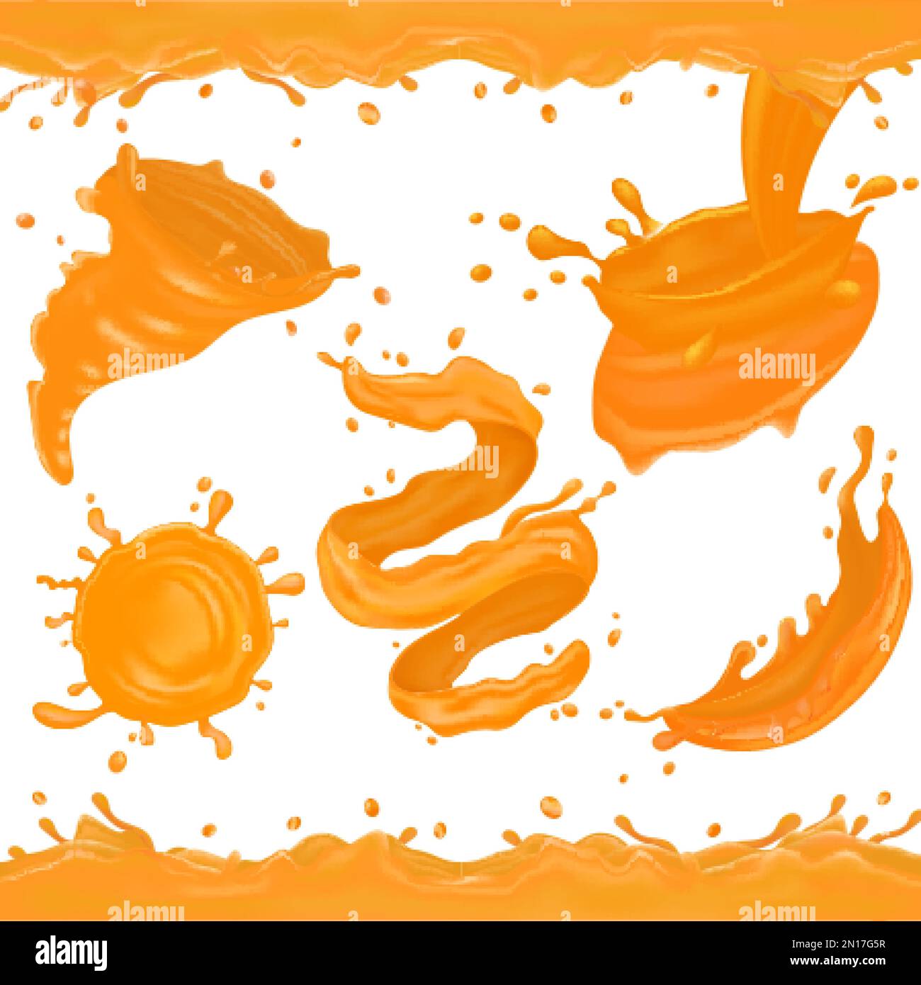 Orange juice splashes of different shapes realistic set against white ...