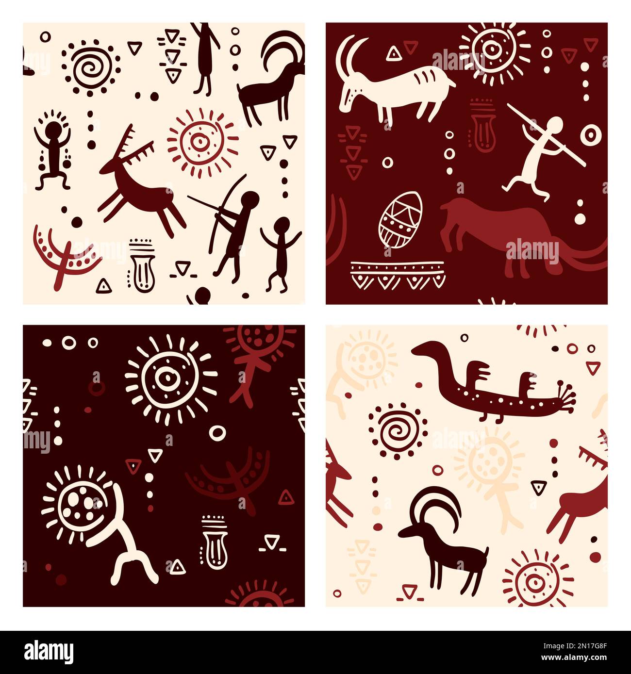 Set of seamless pattern with prehistoric petroglyphs - humans and ...