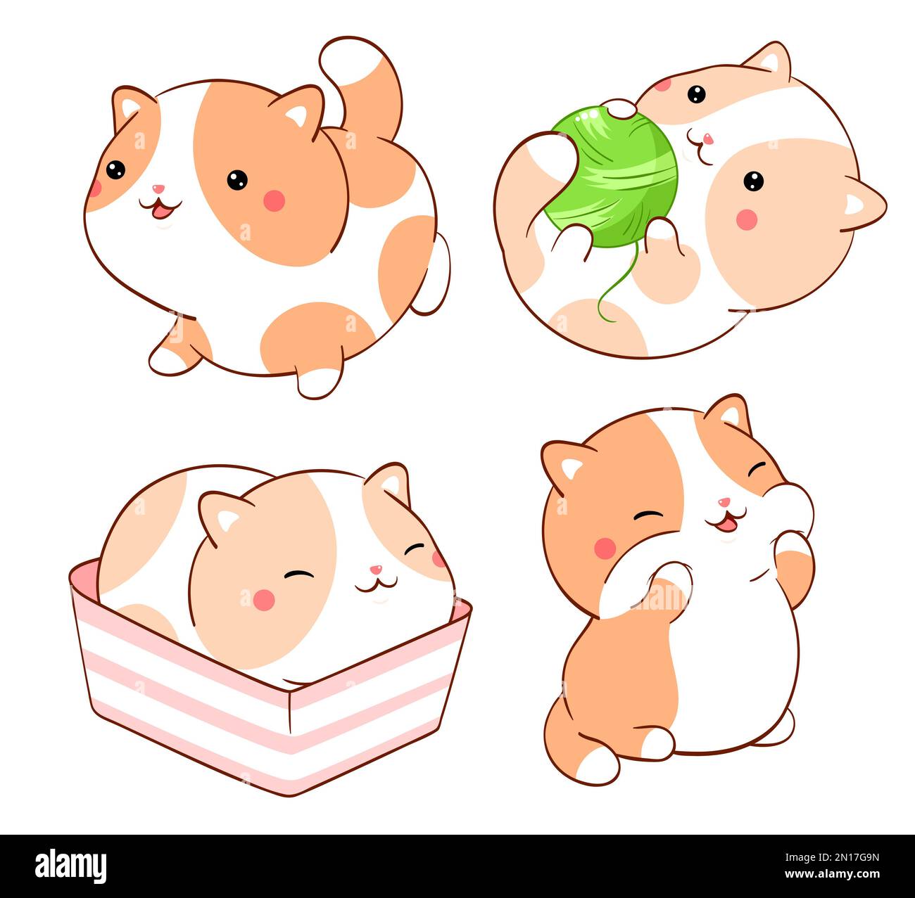 Set of cute fat cats kawaii style. Collection of lovely little kitty ...