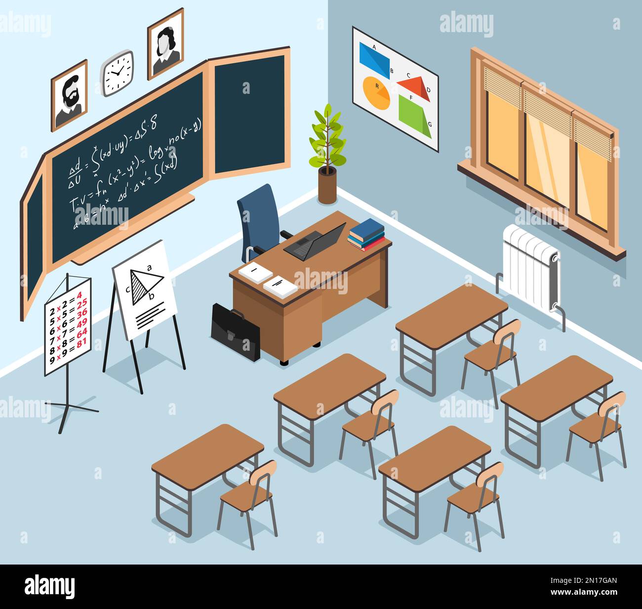 Isometric math class interior composition with indoor view of desks ...