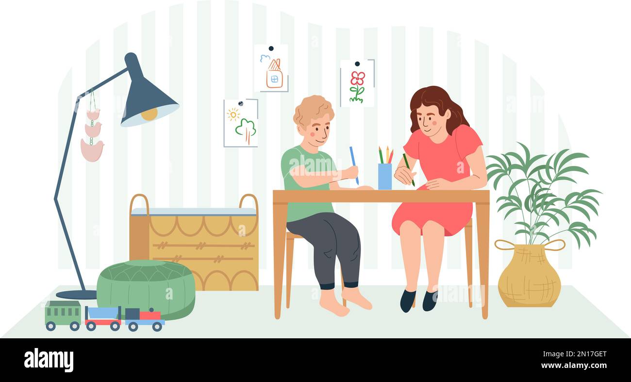 Kids services flat composition with child drawing with adult vector ...