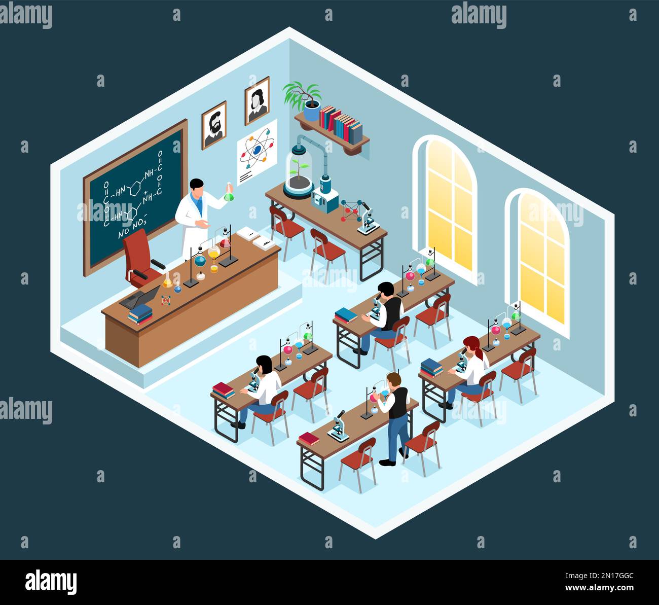 Isometric science class isolated composition with classroom scenery and ...