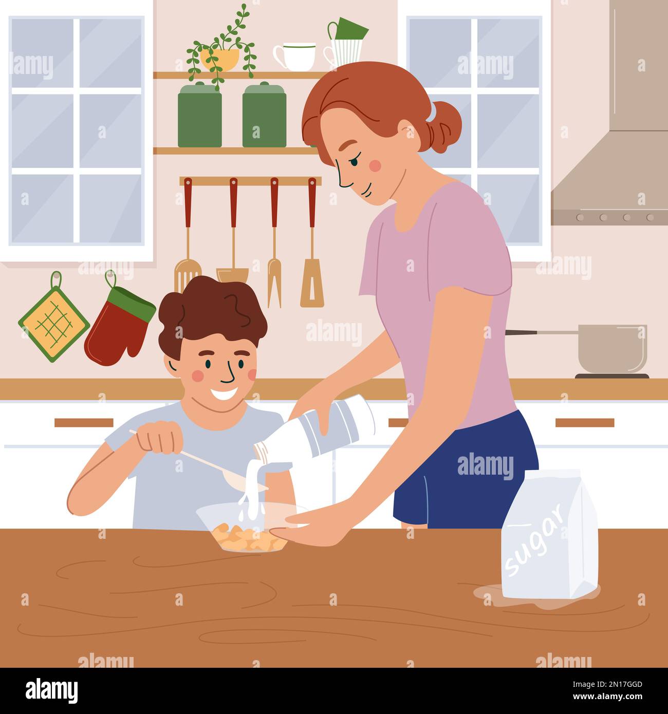 Family morning routine flat concept with mom and boy eating cereals ...