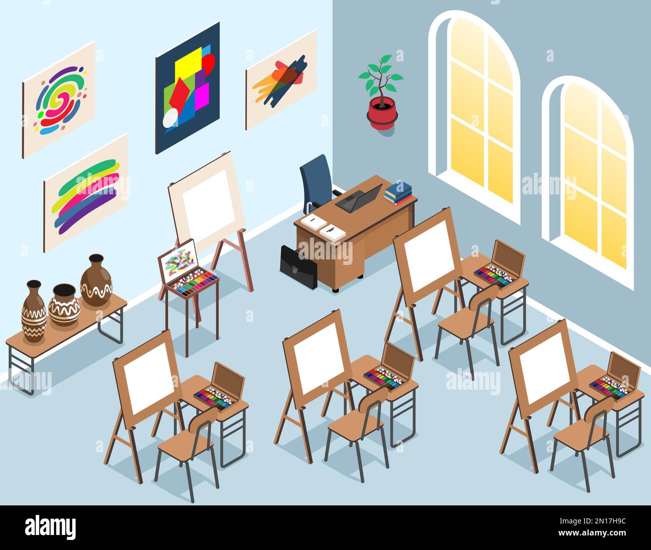 Isometric Art Class Interior Composition With Indoor View Of School Room With Drawing Easels And